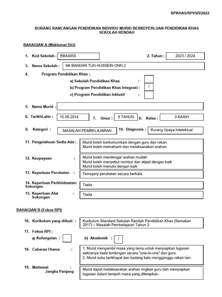 BORANG RPI RENDAH Tingkah Laku | PDF