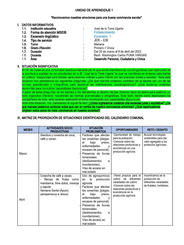 Unidad de Aprendizaje 1 DPCC - 5° 2023 | PDF | Las emociones | Aprendizaje