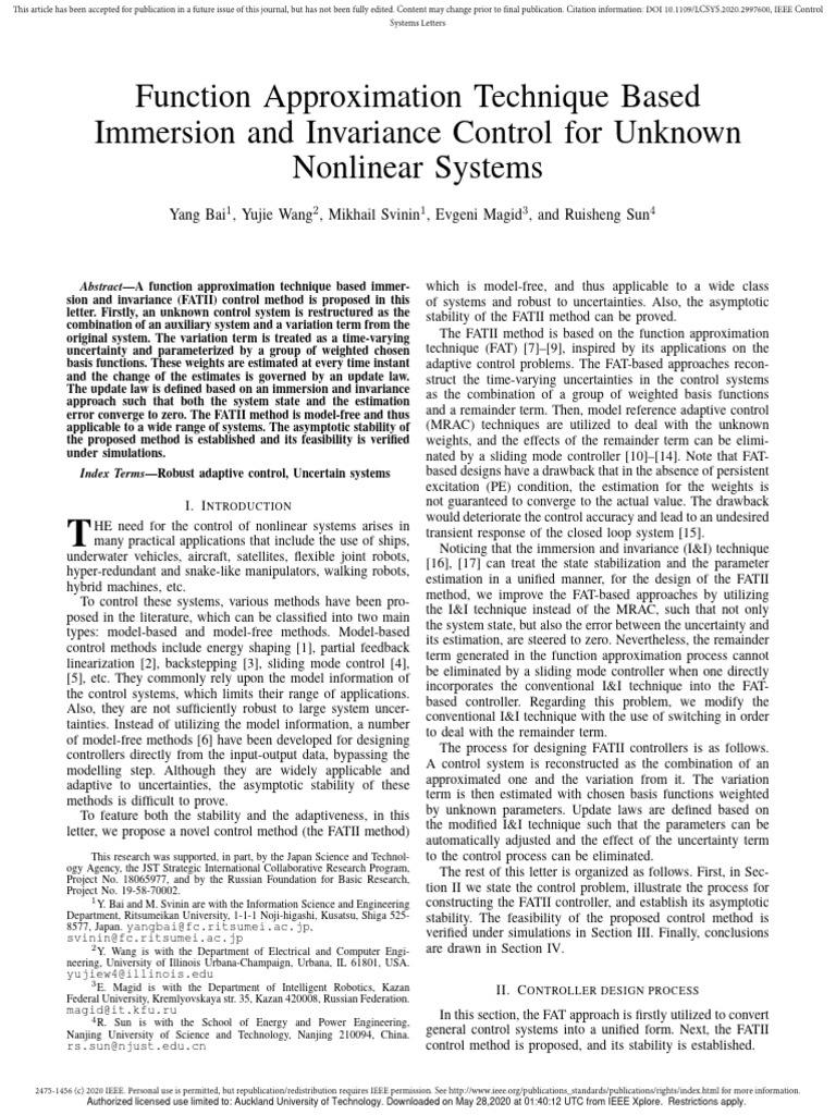 Function Approximation Technique Based Immersion and Invariance Control For Unknown Nonlinear ...