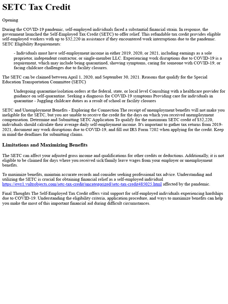SETC Tax Credit Origin 124672 | PDF | Self Employment | Small Business & Entrepreneurs