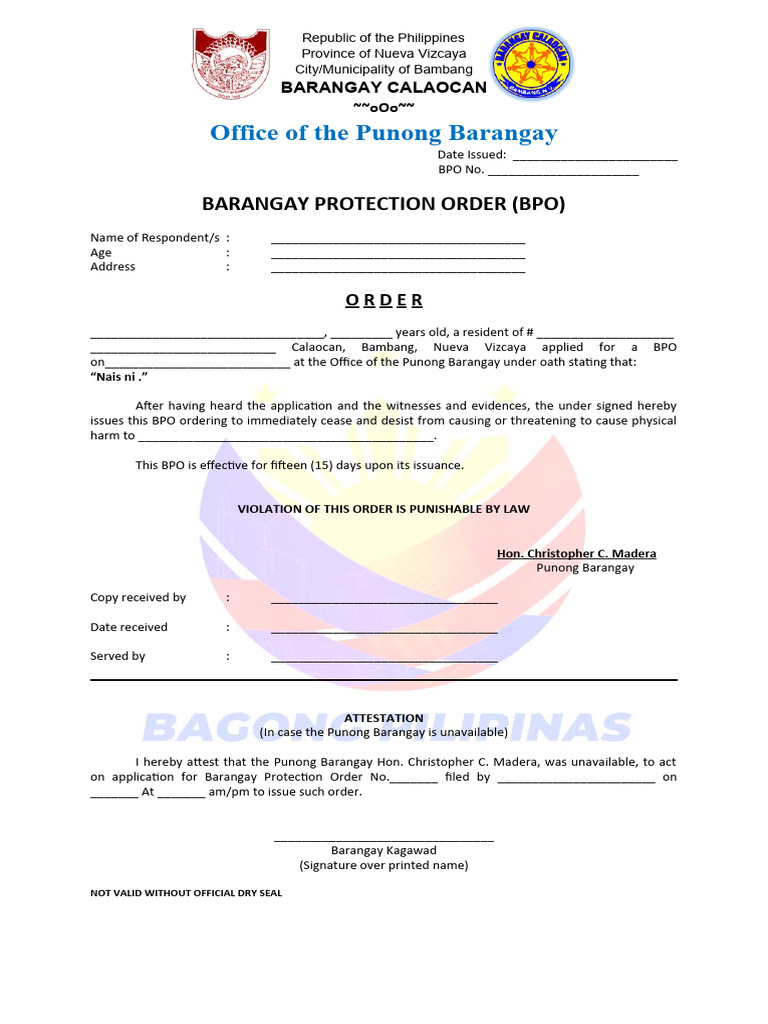 Barangay Protection Order Template | PDF | Justice | Crime & Violence