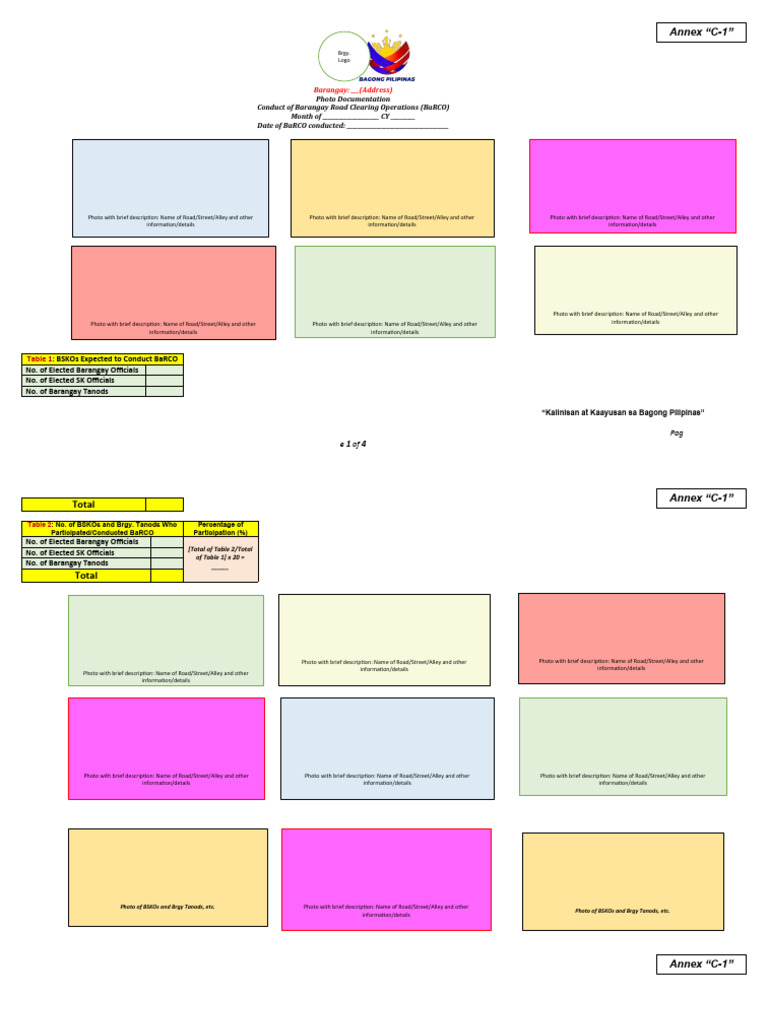 Annex C 1 - Photo Documentation - Barangay BaRCO Monthly Monitoring Report Template With BSKO ...