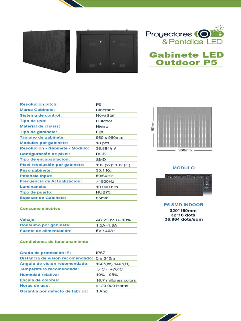 Gabinete LED Outdoor P5: Especificaciones y Detalles | PDF | Tecnología