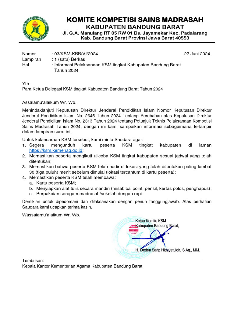 Jadwal KSM 2024 Kabupaten Bandung Barat | PDF