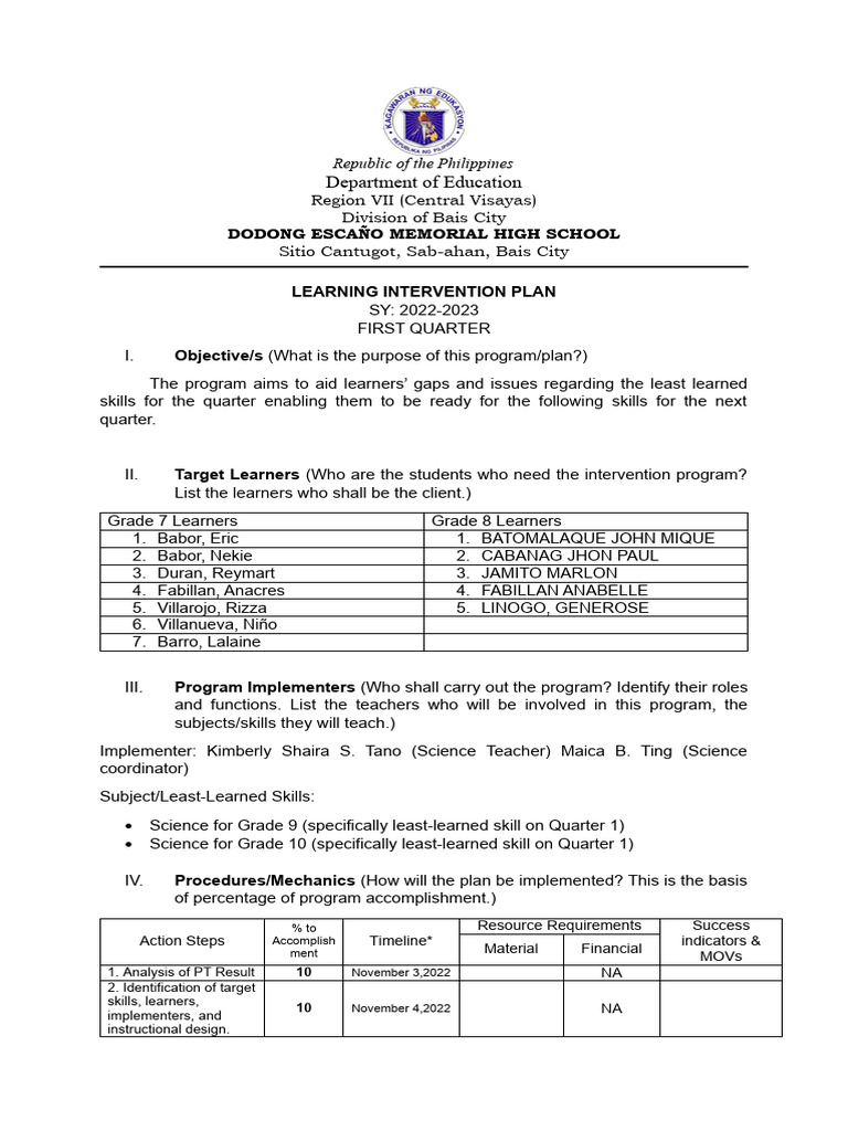 LEARNING INTERVENTION PLAN SY 22-23 | PDF | Instructional Design | Learning