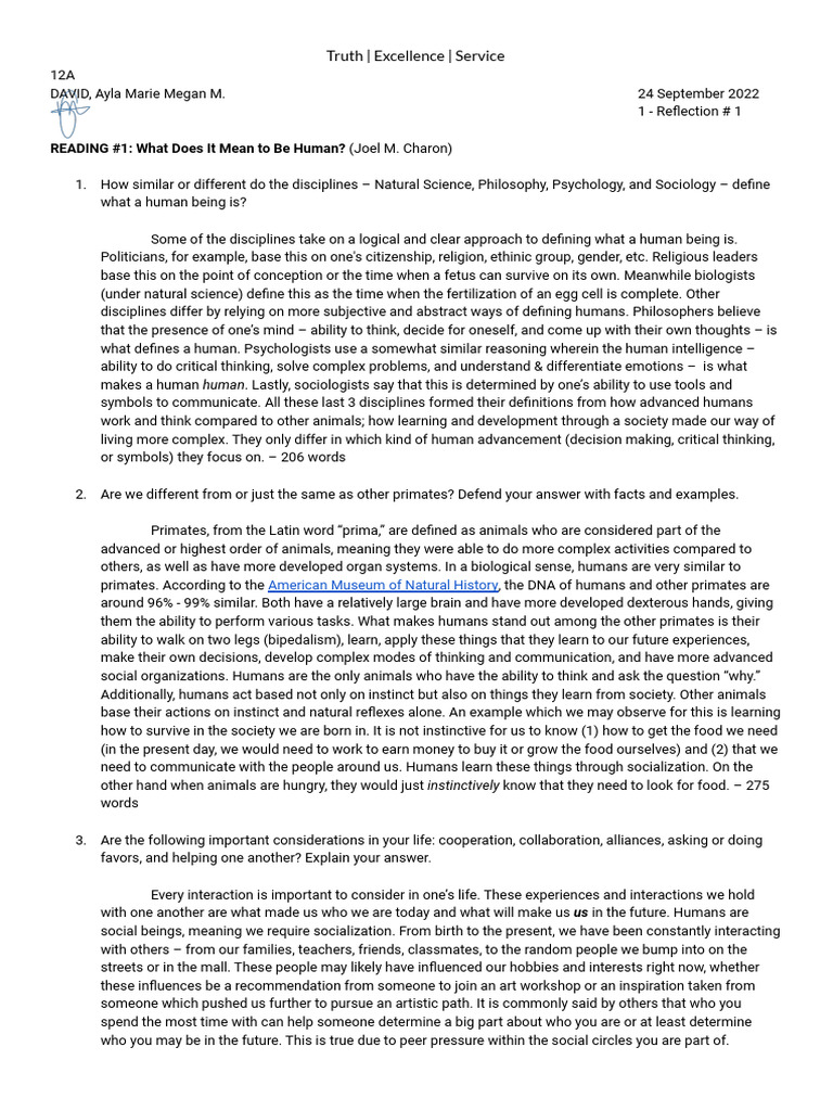 SS6 - 1 - Reflective Essay # 1 | PDF | Thought | Human