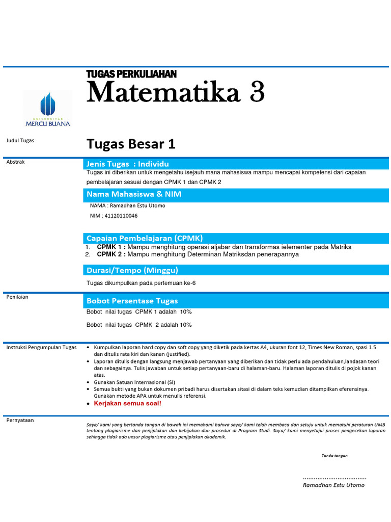 TB1 MTK3, Ramadhan Estu Utomo, 41120110046 | PDF