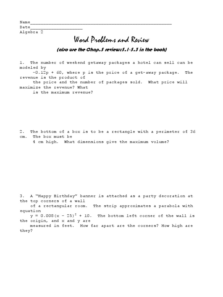 Quadratic Functions Word Problems | PDF | Teaching Methods & Materials ...