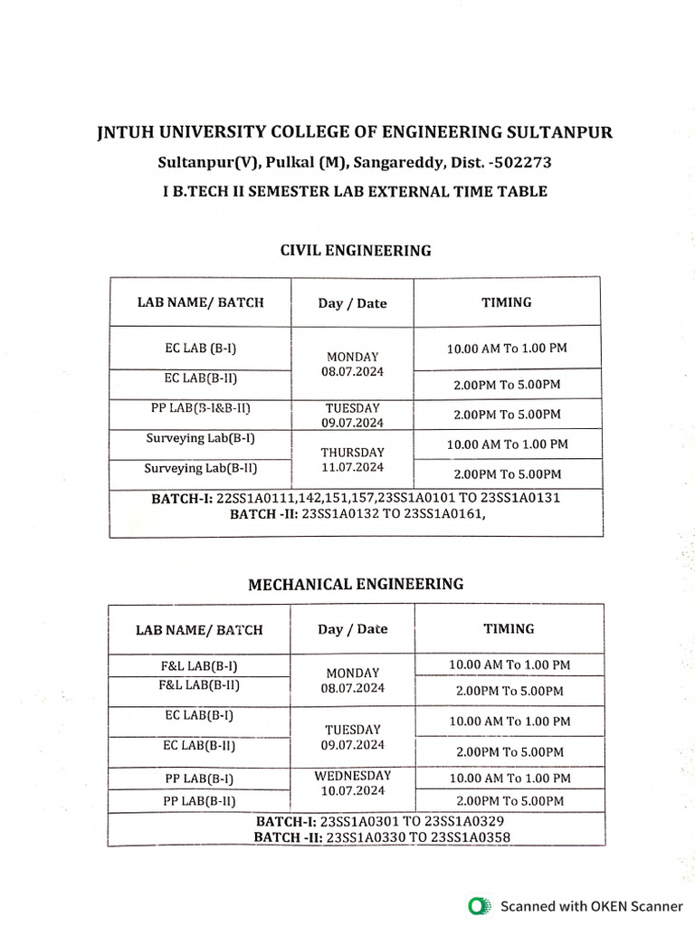 I .B.tech Il Sem Lab External Time Table | PDF