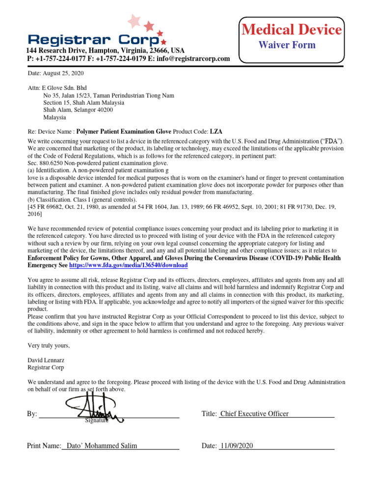 Covid-19 Waiver For Product Code LZA - E Glove SDN - Edited | PDF ...