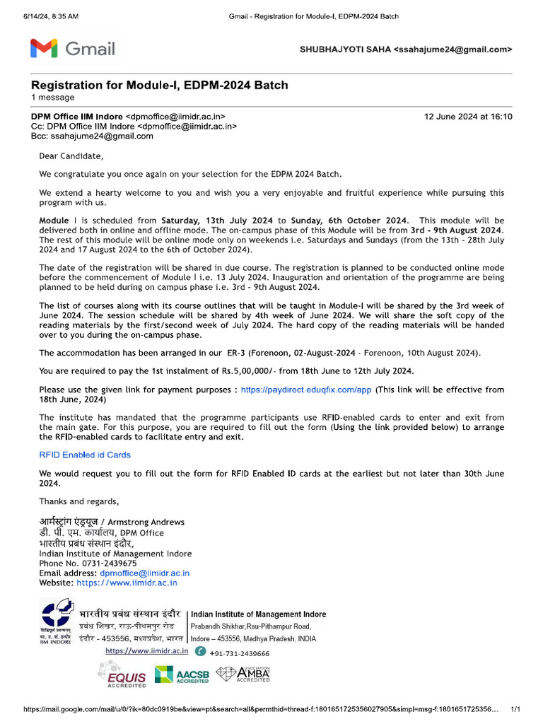 Offer Letter For EDPM - IIM Indore | PDF