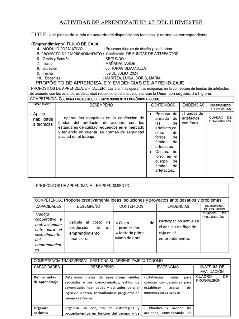 .ACTIVIDAD DE APRENDIZAJE N°07 de segundo grado - 2024 | PDF | Iniciativa empresarial | Aprendizaje