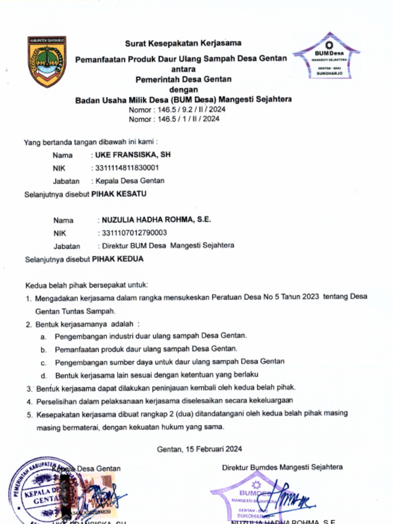 Surat Keterangan Kerjasama Pemerintah Desa Dan Bumdes Desa Mangesti Sejahtera Gentan. 15.2.2024 ...