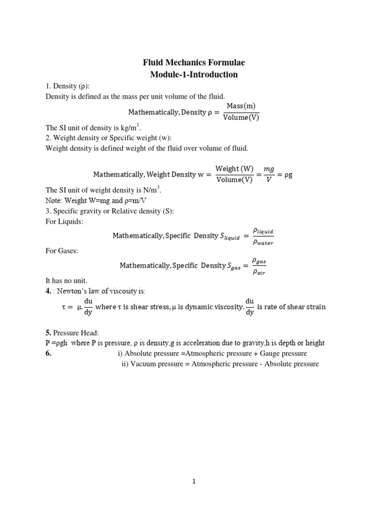 Fluid Mechanics Formulas Guide | PDF | Fluid Dynamics | Pressure