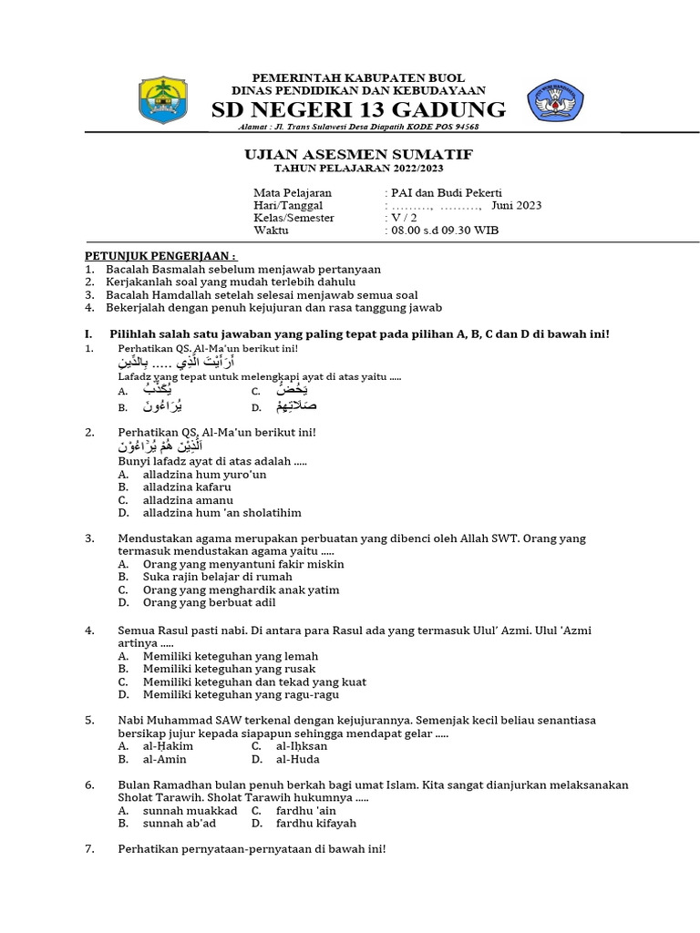 SOAL UAS PAI KLS V 2022-2023c | PDF