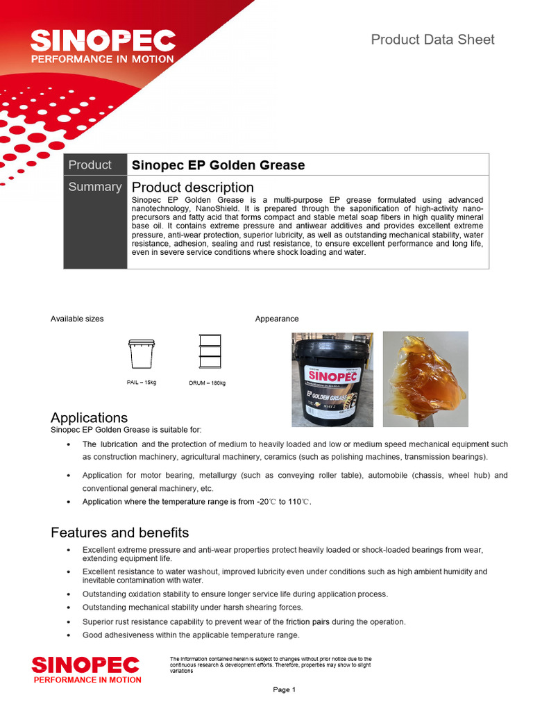 TDS Sinopec EP Golden Grease | PDF | Bearing (Mechanical) | Materials