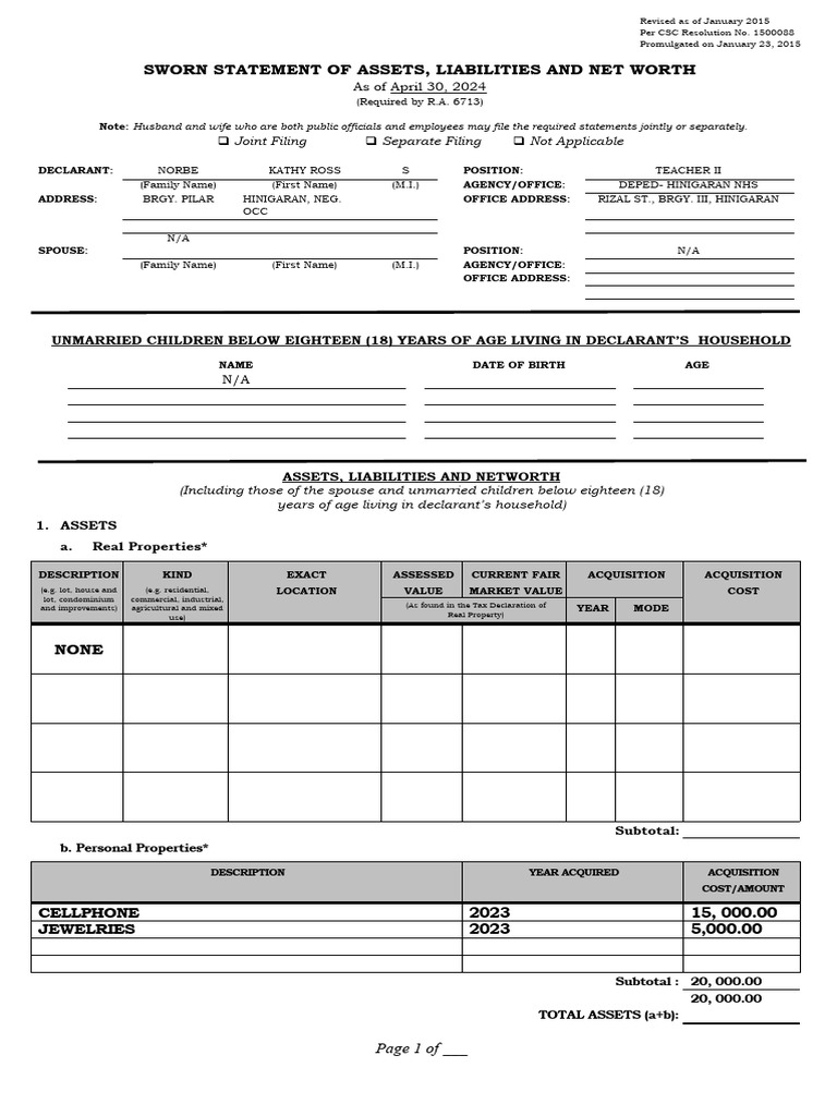 2015 Saln Form | Download Free PDF | Net Worth | Economies