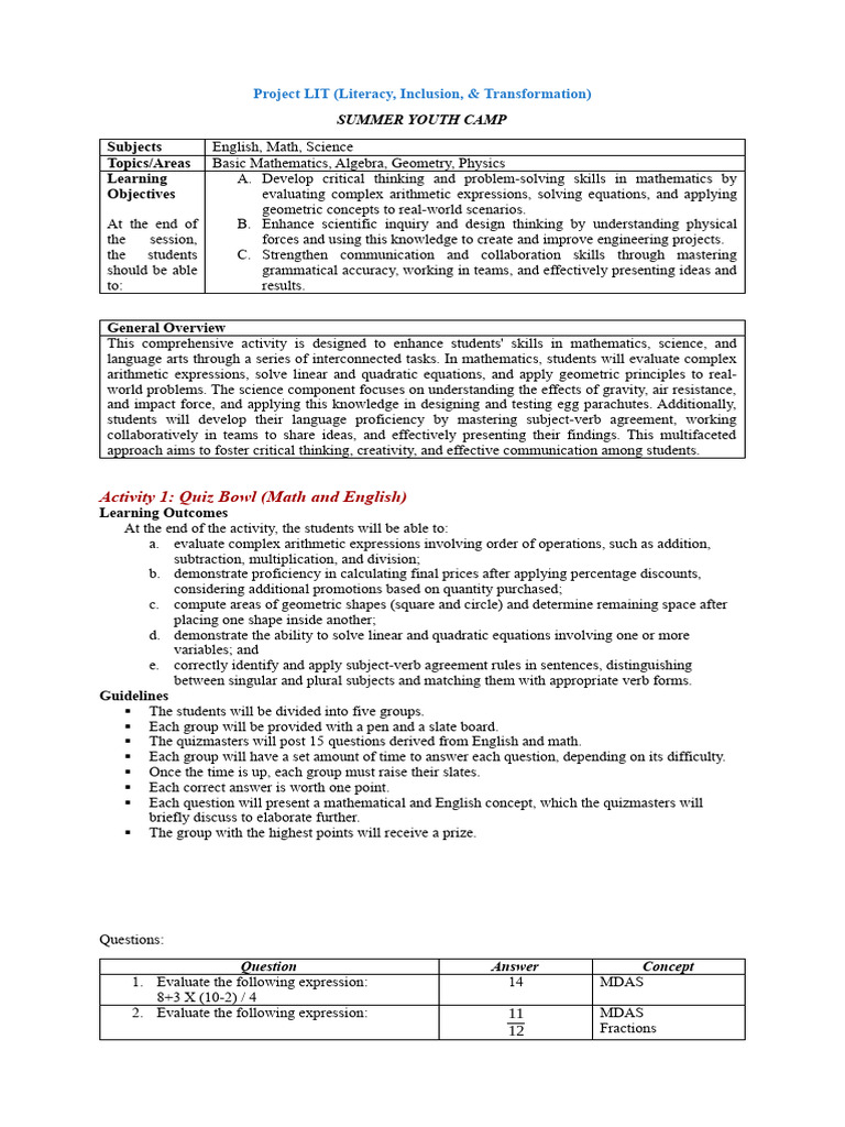 Summer Youth Camp Module | PDF | Mathematics | Force