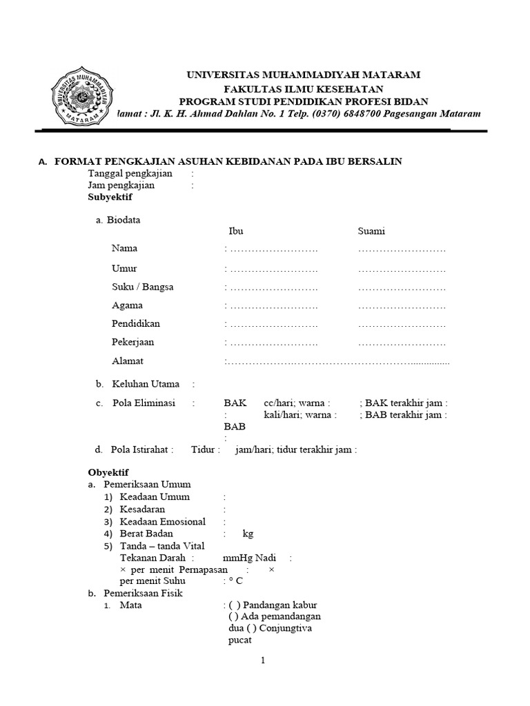 Format Pendokumentasian Asuhan Kebidanan Persalinan | PDF