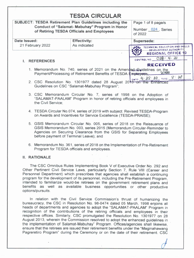TC 028 TESDA Circular No.024, s.2022 Re TESDA Retirement Plan ...