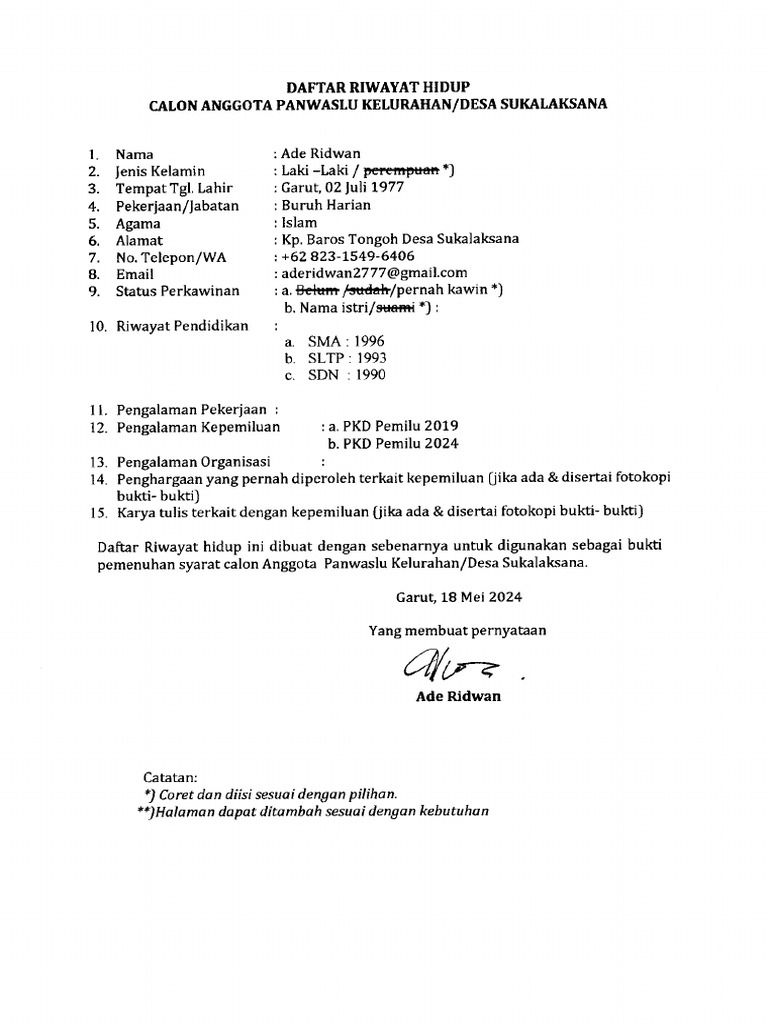 SRT Riwayat Hidup Ade Ridwan | PDF