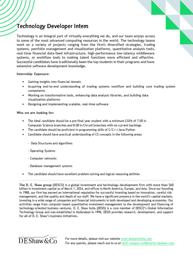 D. E. Shaw India - Software Developer Intern | PDF | Algorithmic Trading | Business