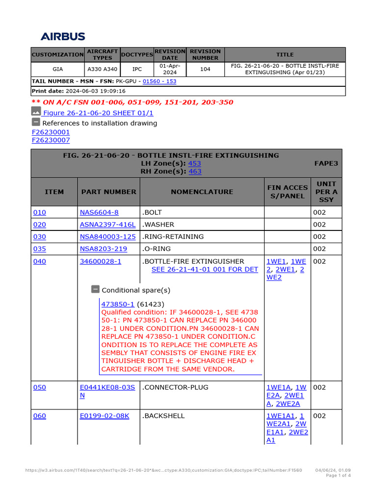 GIA - A330 - IPC - FSN - 153 - 01-Apr-2024 - FIG. 26-21-06-20 - BOTTLE ...