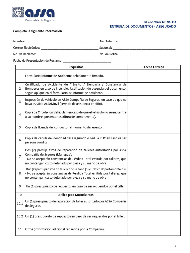 Check List Requisitos Reclamos Auto V17 | PDF | Seguro | Reaseguro