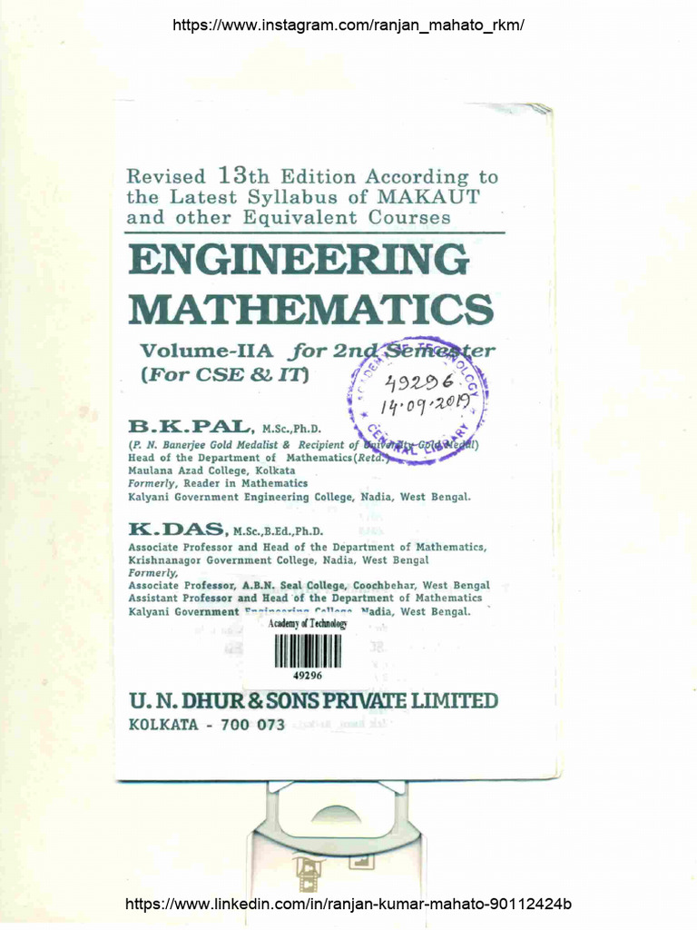 B.K Pal and Das 2nd Sem Mathematics (W) | PDF