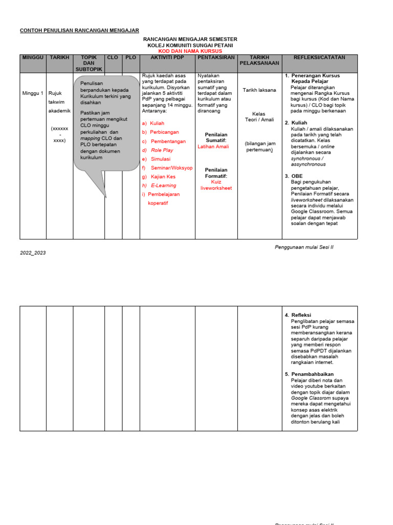 Contoh Penulisan Rancangan Mengajar | PDF