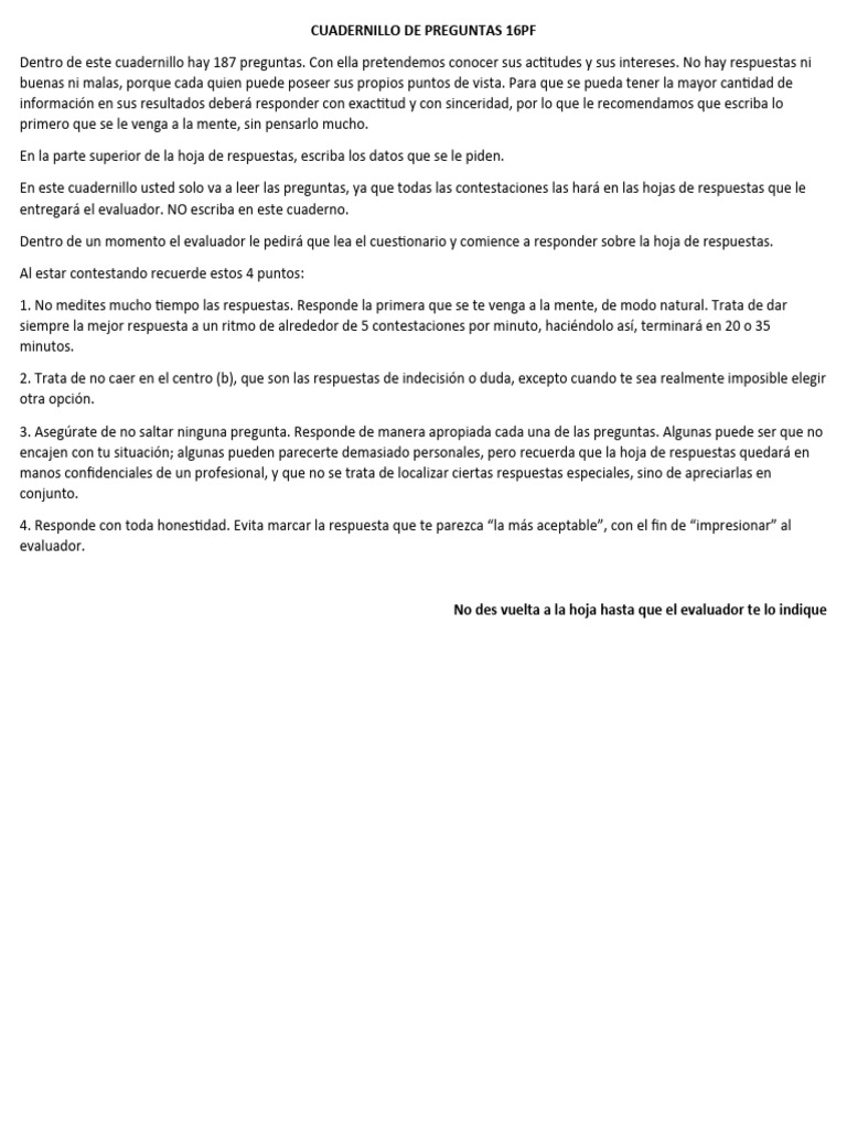 Cuestionario de Personalidad 16PF | PDF