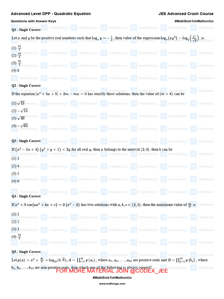 Advanced Quadratic Equation Problems | PDF | Equations | Zero Of A Function