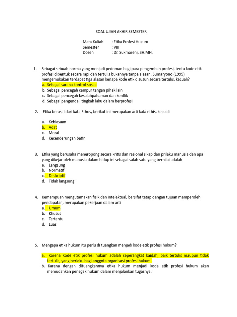 Jawaban Soal Uas Etika Profesi Hukum Linggar Aditya (21150115) | PDF