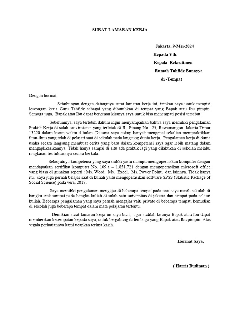 Surat Lamaran & CV Harris B - Rumah Tahfidz Bunayya - Guru Tahfidz | PDF