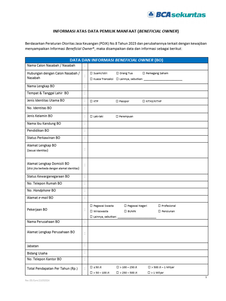 Formulir Informasi Beneficial Owner 21032024 | PDF | Bisnis