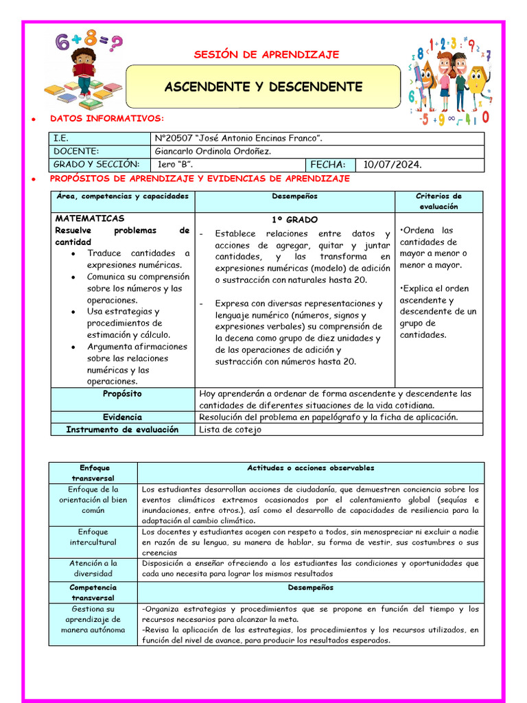 SESION DE APRENDIZAJE Ascendente descendente. | Descargar gratis PDF | Aprendizaje | Evaluación