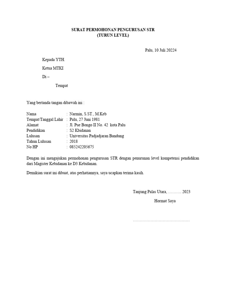 Surat Permohonan STR Turun Level | PDF