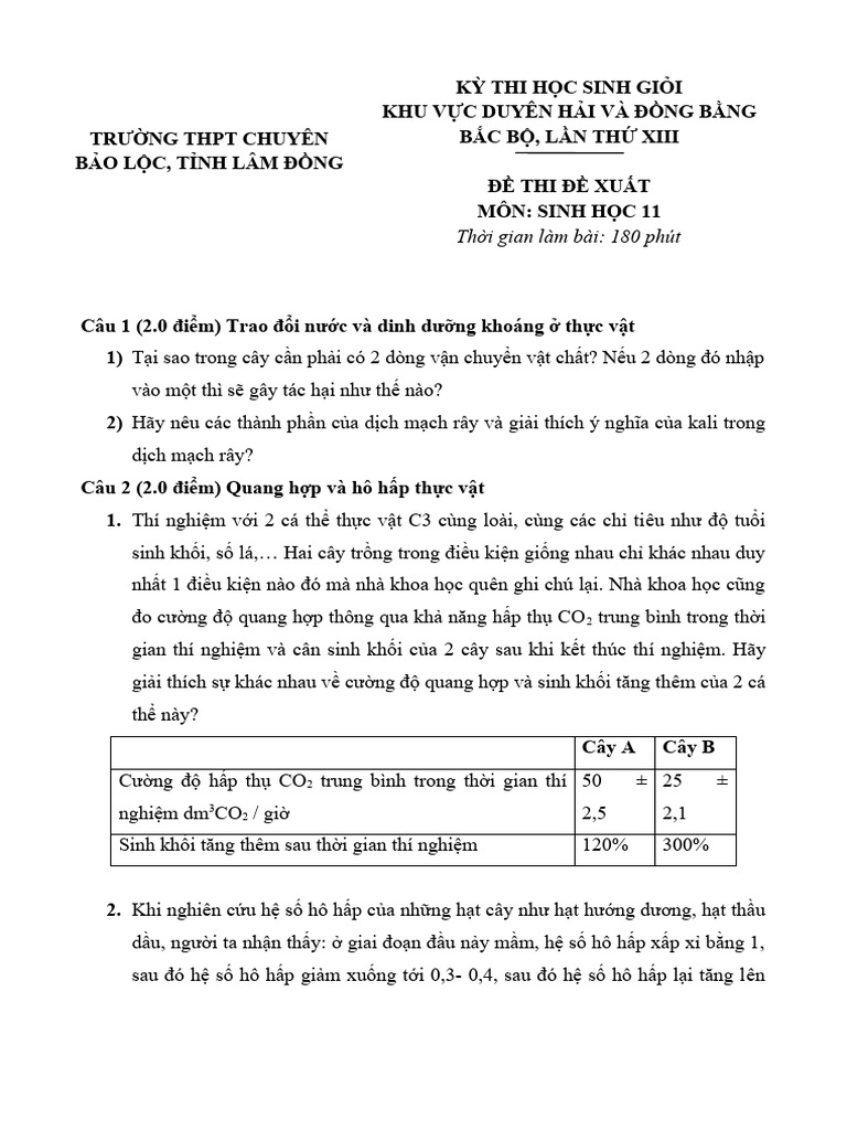 Đề Đề Nghị Sinh 11 - DHBB2022 - Chuyen Bao Loc | PDF