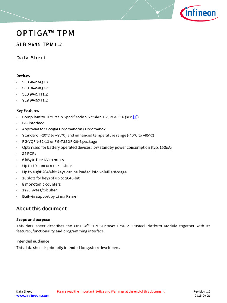 Infineon Data Sheet SLB9645 - 1.2 - Rev1.2 DS v01 - 02 EN | PDF | Electrostatic Discharge ...