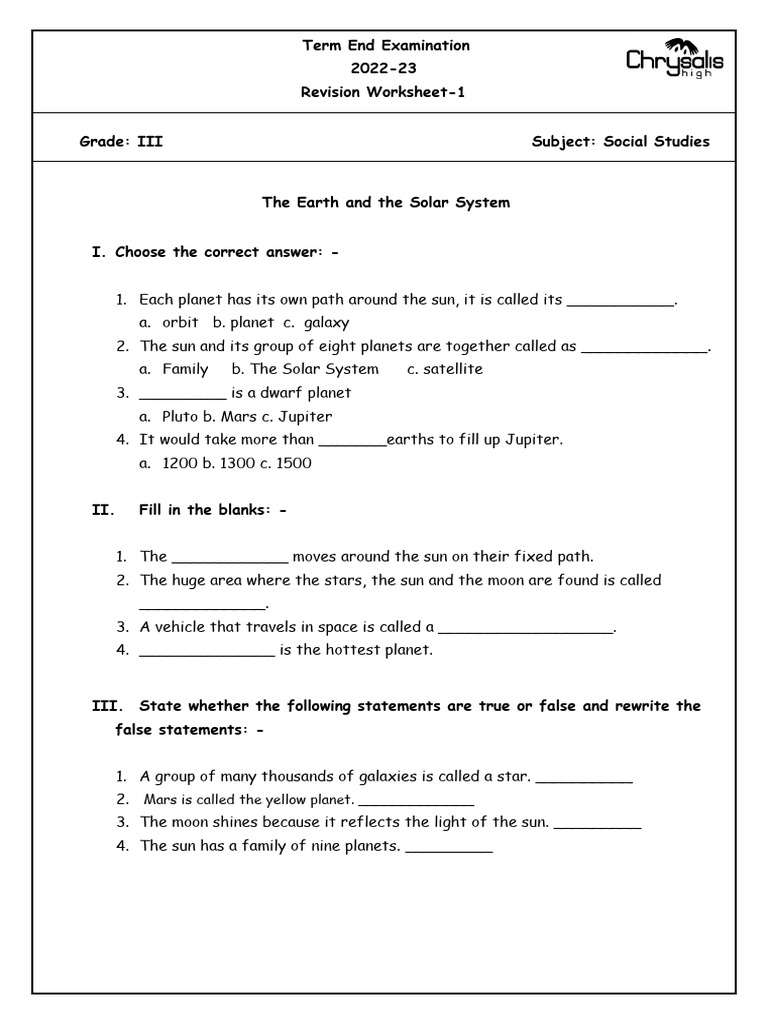 Grade III - SST - Revision Worksheets | PDF | Planets | Solar System