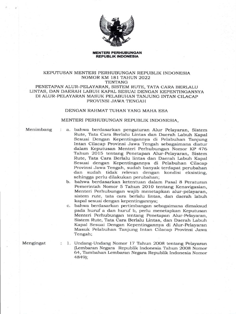 KM 181 2022 Penetapan Alur Pelayaran Masuk Pelabuhan Tanjung Intan Cilacap Provinsi Jawa Tengah ...