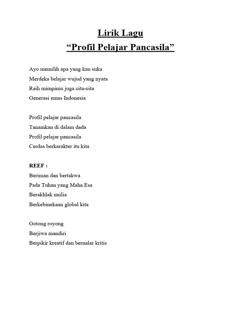 Lirik Lagu Profil Pelajar Pancasila | PDF | Karier & Perkembangan