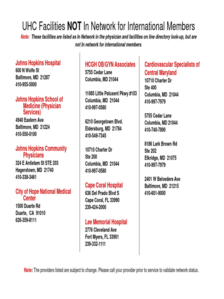 US1 UHC Facilities NOT in Network For Intl Members | PDF | Doctor Of ...