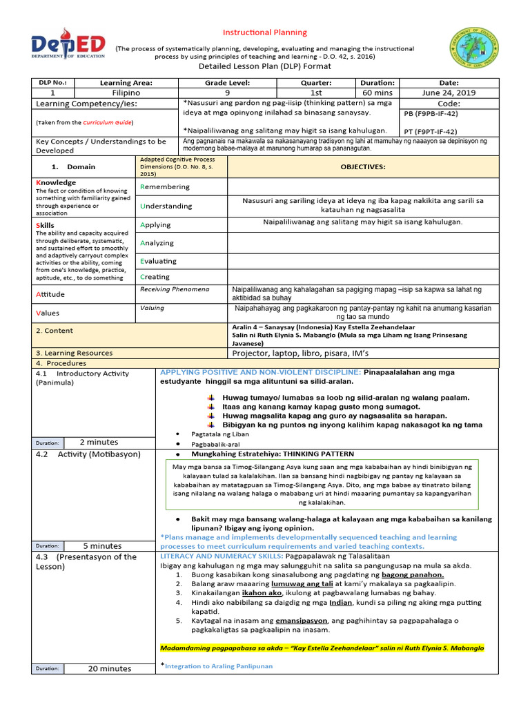 Detailed Lesson Plan (DLP) Format 1 Filipino 9 1st 60 Mins June 24 ...
