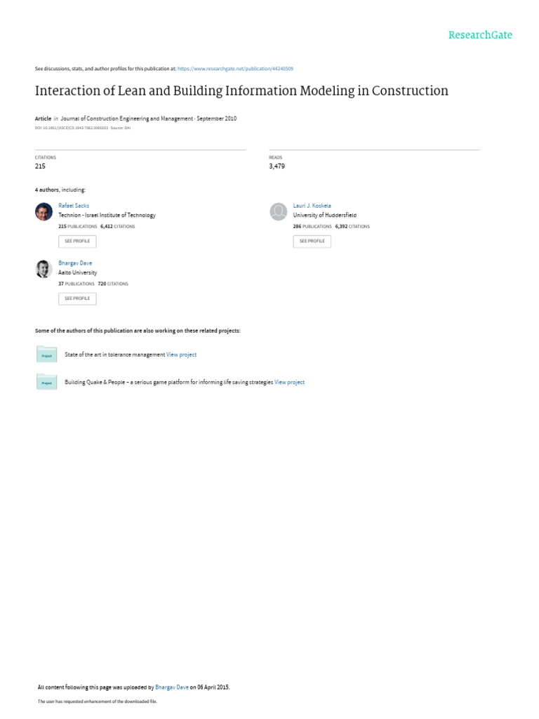 Interaction of Lean and Building Information Modeling in Construction | PDF | Building ...