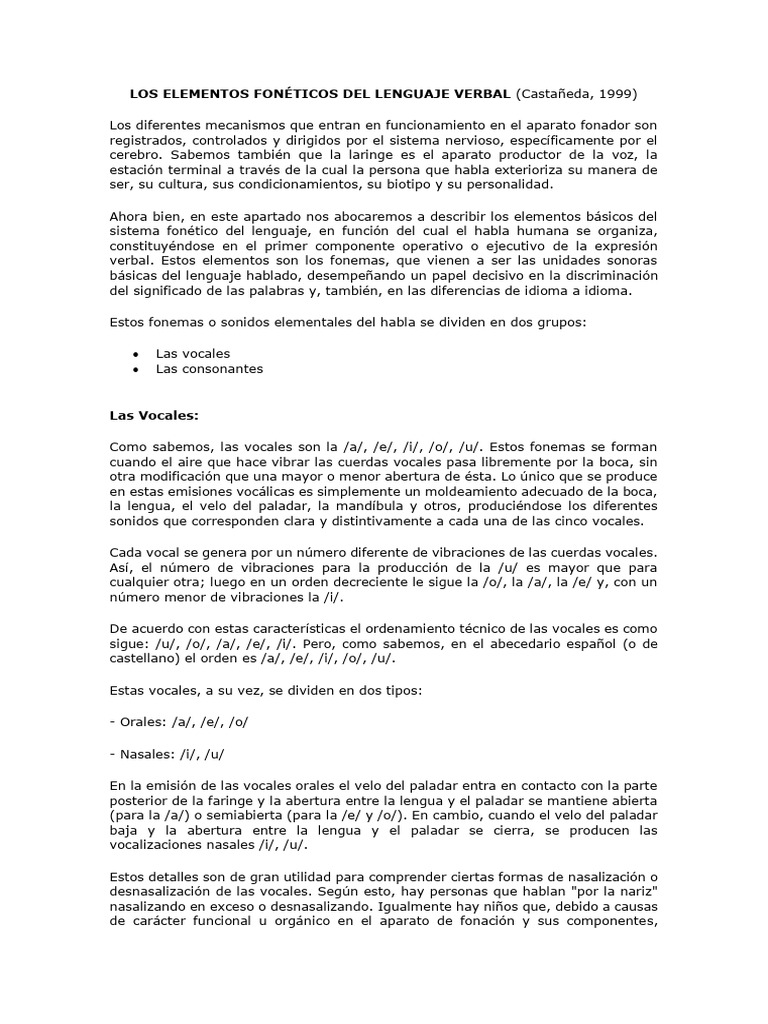 Los Elementos Fonéticos Del Lenguaje Verbal | PDF | Vocal | Fonética
