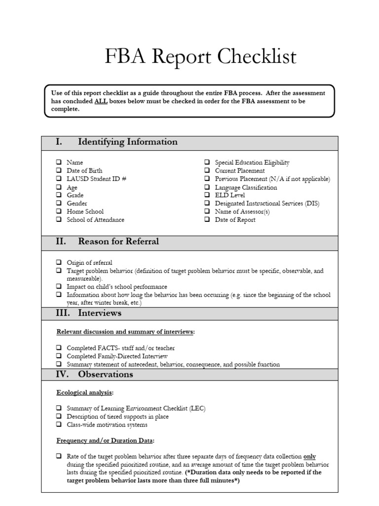Practical FBA Report Checklist | PDF | Behavior | Information