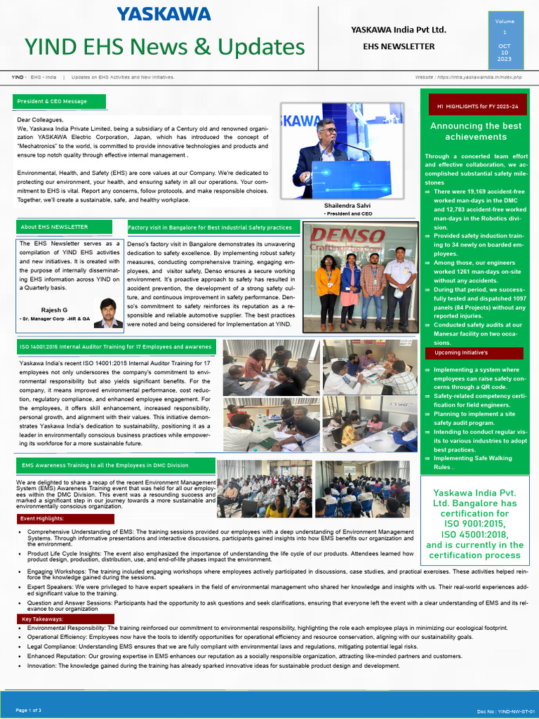 Yaskawa India EHS Newsletter Update | PDF | Asana | Environmental ...