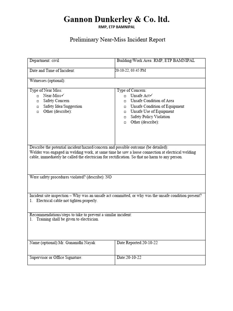 Electrical Near-Miss Incident Report | PDF