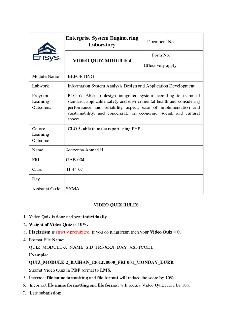 Quiz Module-4 Avicenna Ahmad H 1201201513 Fri-Gab-004 Day Syma | PDF | Databases | My Sql